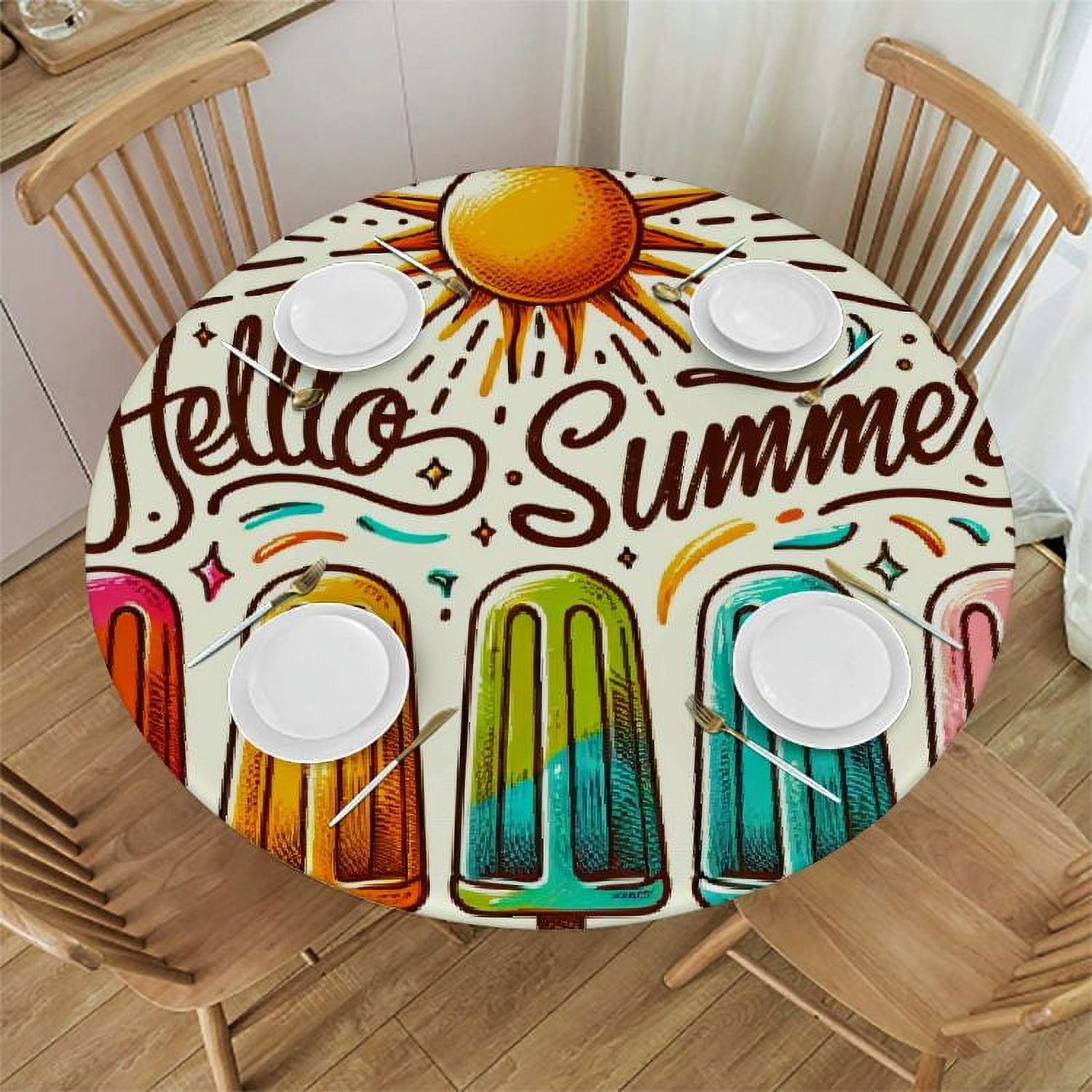 PIKWEEK Hello Summer Round Tablecloth, Fitted Table Cover with Elastic ...