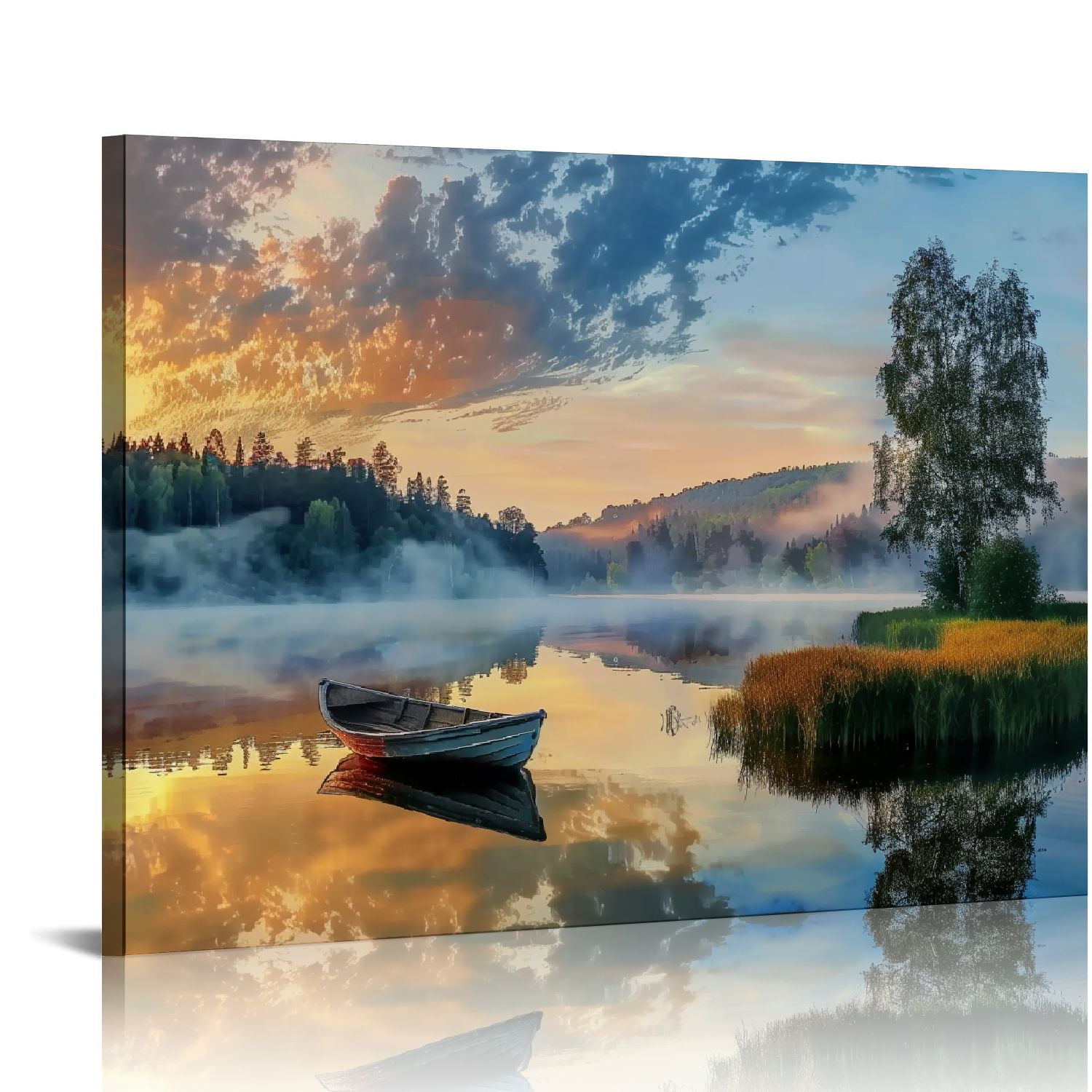PIKWEEK Lake Wall Art Canvas Picture: Nature Landscape Print Decor Boat ...