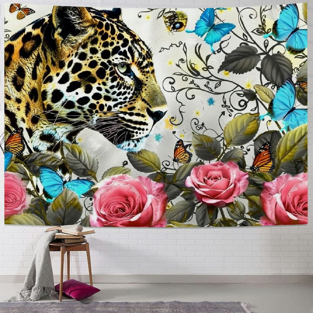 PIKWEEK Leopard Print Tapestry,Blue Rose and Butterfly Wall Hanging Art ...
