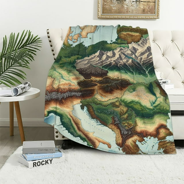 PIKWEEK Map Blanket Throw Blue Green and Orange World Map Blanket for ...