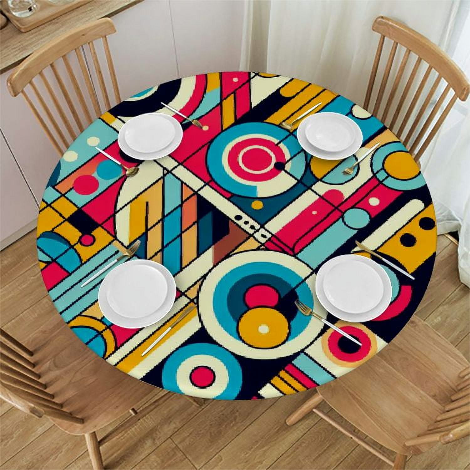 PIKWEEK Multicolor Round Fitted Tablecloth Circles and Dots Bubble ...