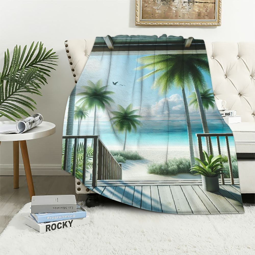 PIKWEEK Ocean Beach Blanket,Tropical Palm Tree Hawaii Ocean Throw ...