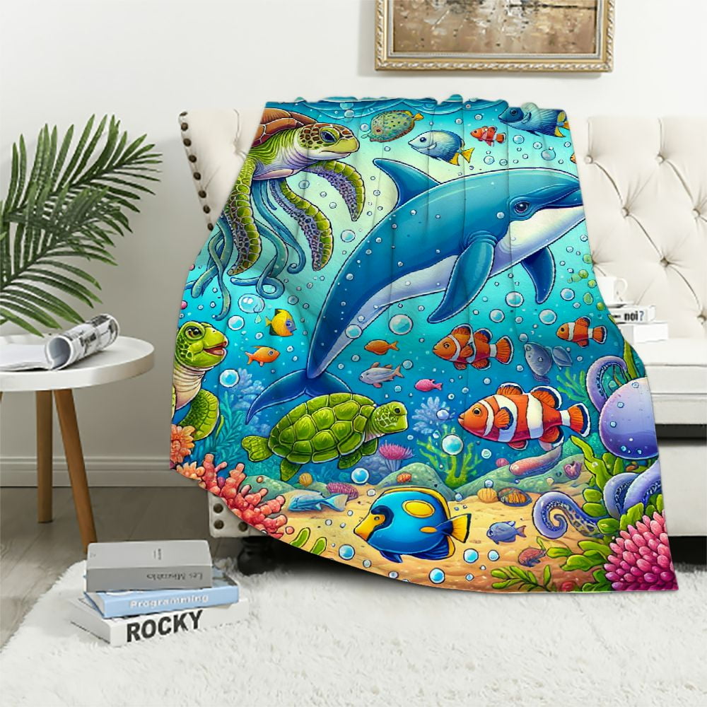 PIKWEEK Ocean Blanket Cartoon Whale Sea Turtle Whale Throw Blanket for ...