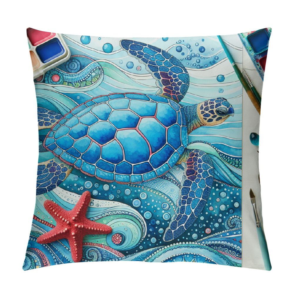Wuche Ocean Theme Summer Pillow Covers Blue Sea Turtle Beach Pattern ...