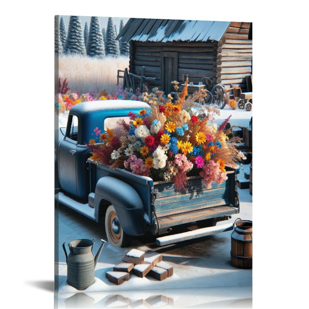 PIKWEEK Old Barn Truck Wall Art Country Rustic Truck Load with Flowers ...