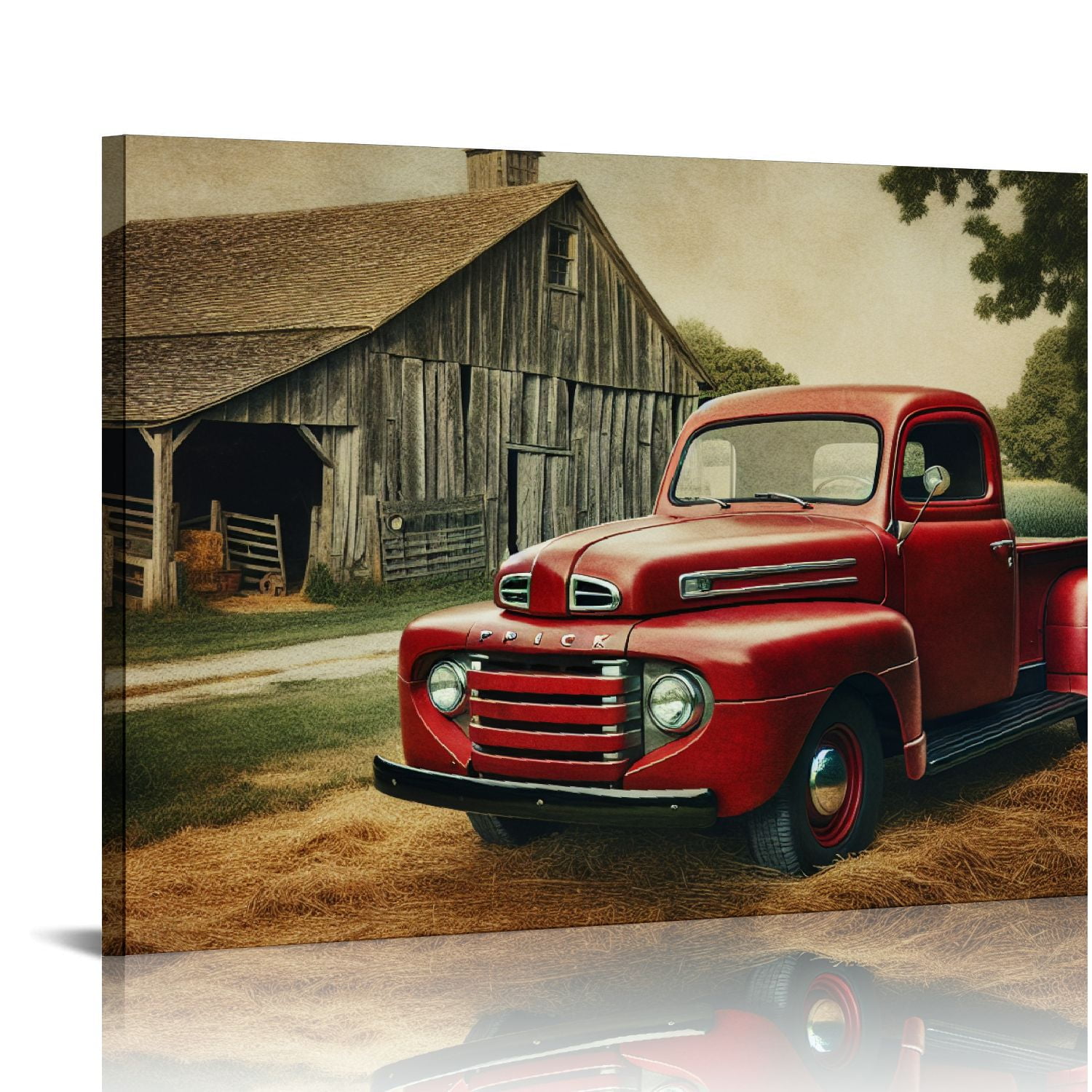 PIKWEEK Old Truck Canvas Wall Art Rustic Red Car and Barn Pictures ...
