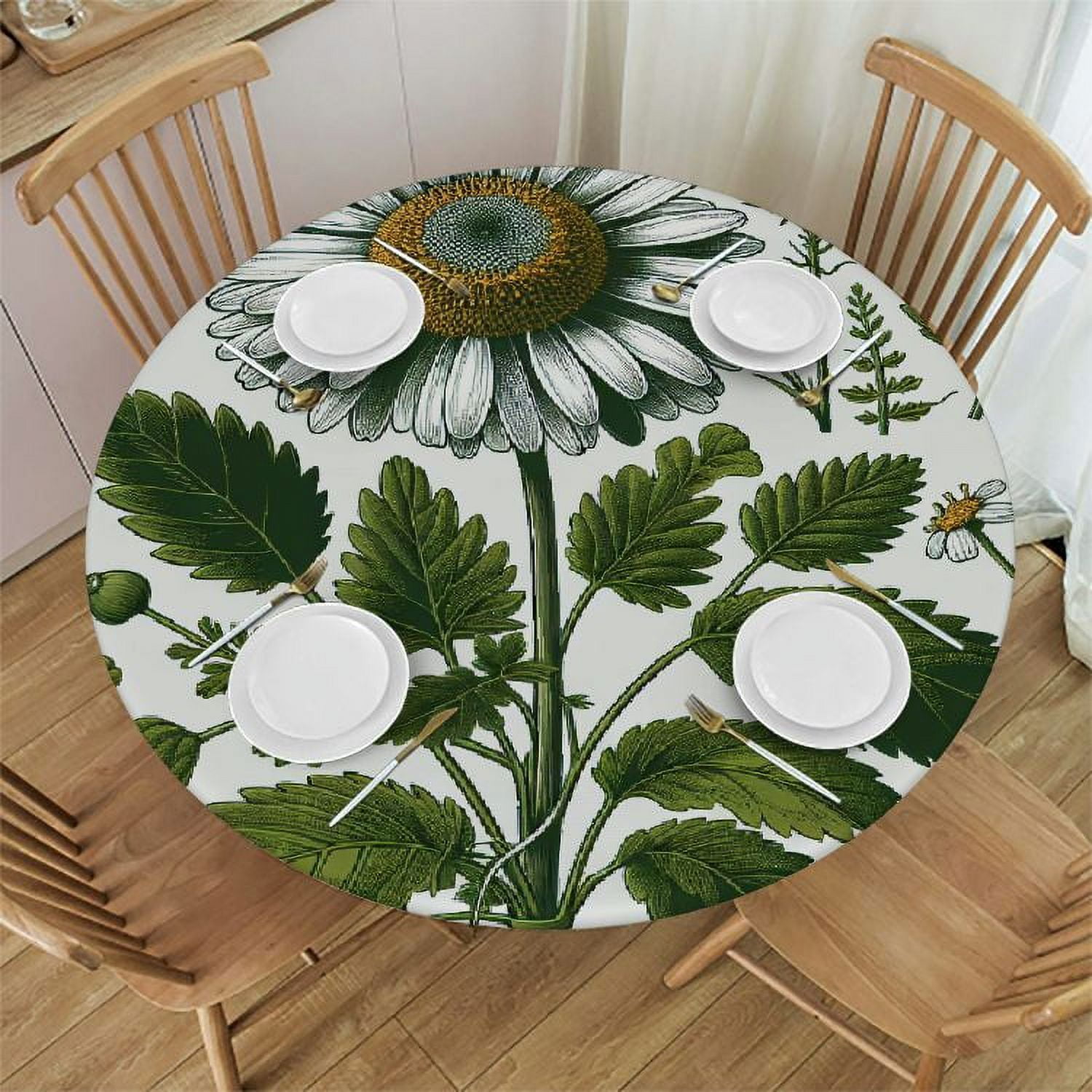 PIKWEEK Outdoor Fitted Round Tablecloth White with Yellow Botanical ...