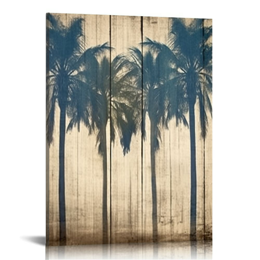 PIKWEEK Palm Tree Canvas Wall Art Navy Blue Painting Rustic Tropical ...