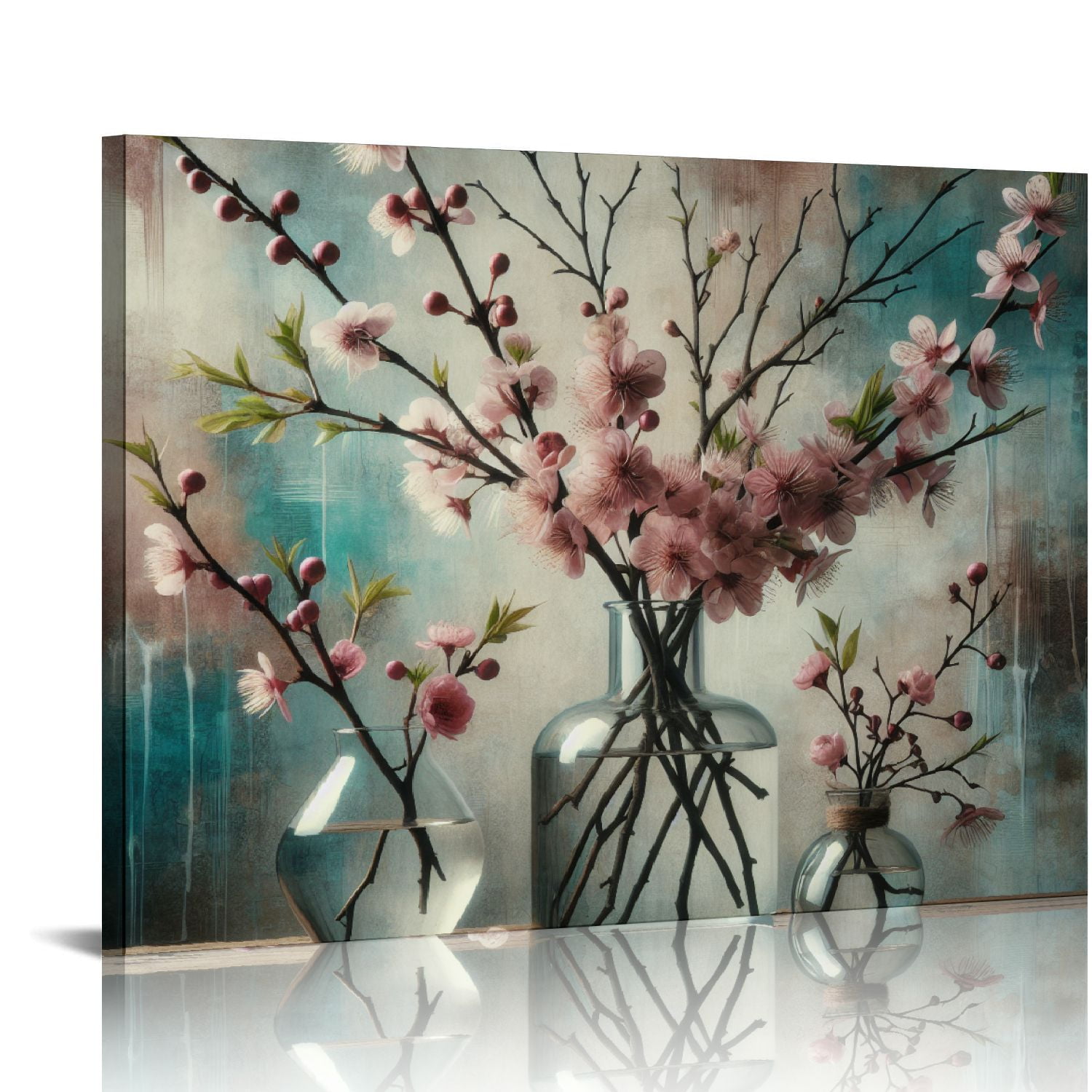 PIKWEEK Pink Flower Canvas Wall Art Florals Abstract Picture Teal ...