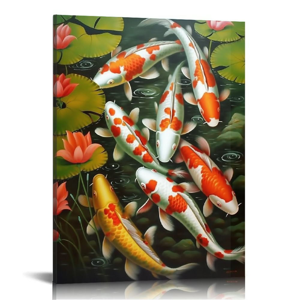 PIKWEEK Print Chinese Abstract Nine Koi Fish Lotus Painting on Canvas ...
