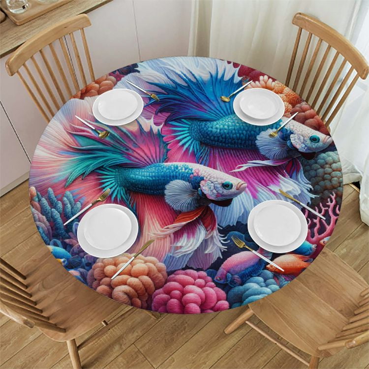 PIKWEEK Rainbow Fish Fitted Round Table Cloth Sea Weed Colorful Coral ...