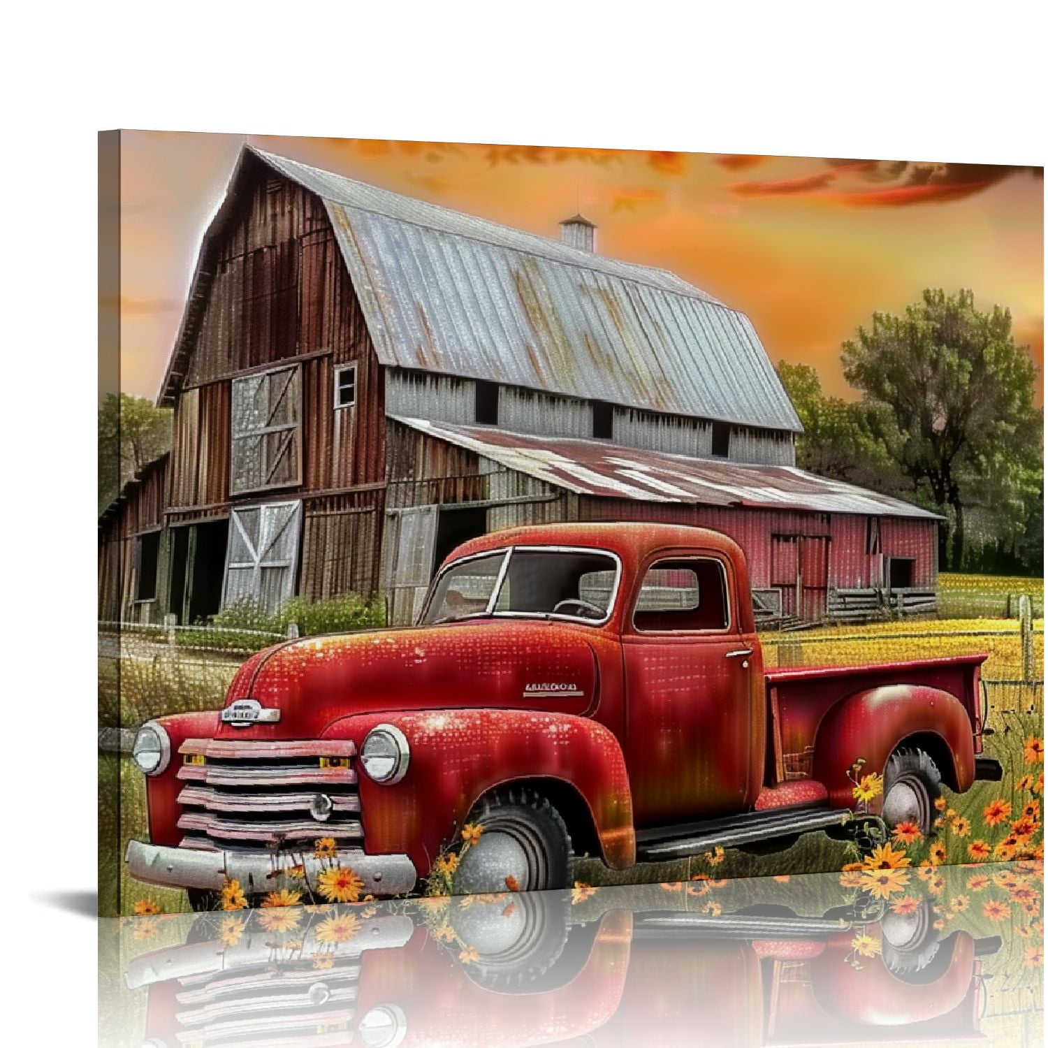 PIKWEEK Red Truck Wall Art Vintage Red Barn Canvas Prints Old Car ...