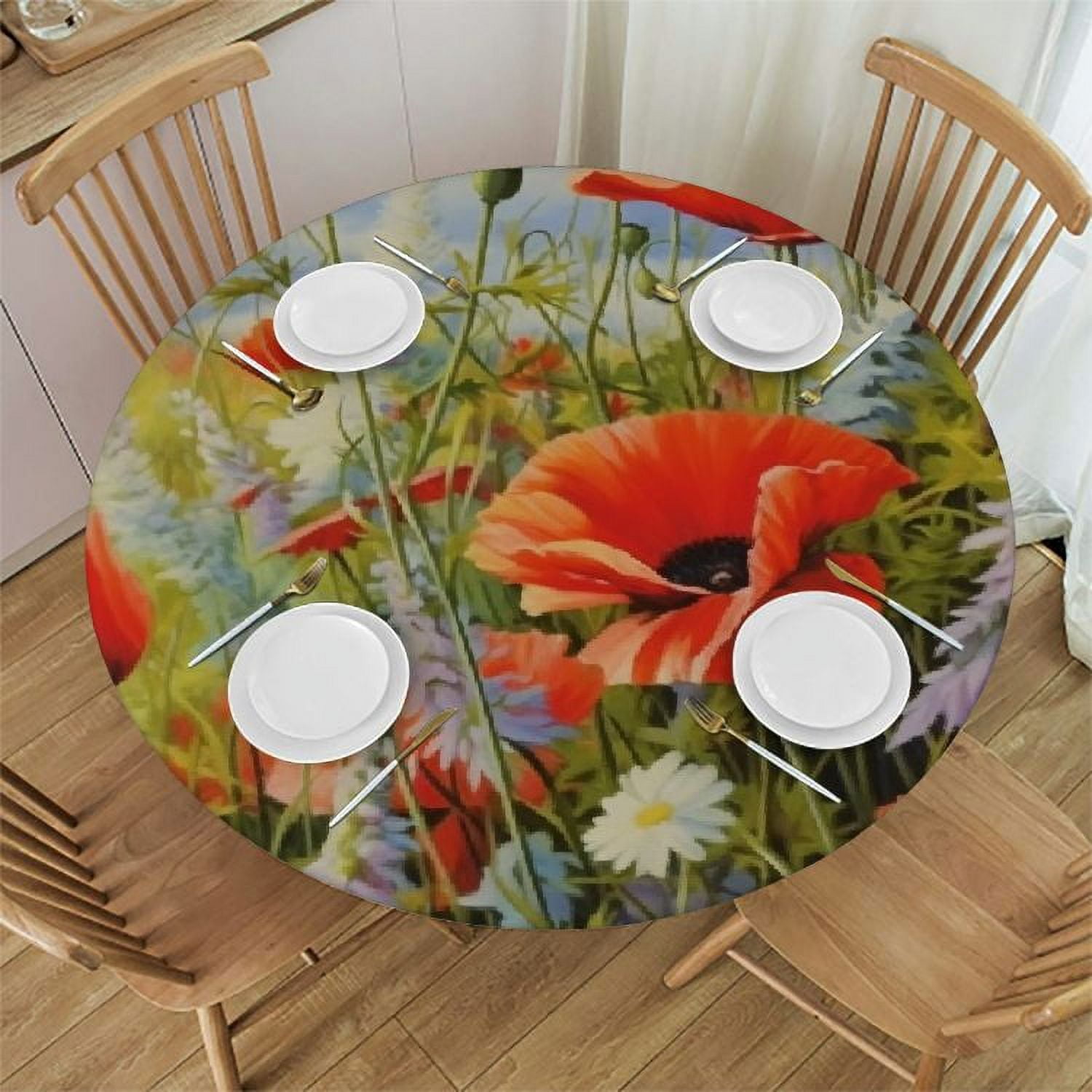 PIKWEEK Round Fitted Tablecloth Art Painting Poppy Floral Table Cloth ...