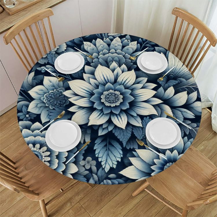 PIKWEEK Round Fitted Tablecloth Blue Flower Floral Round Table Cloth ...