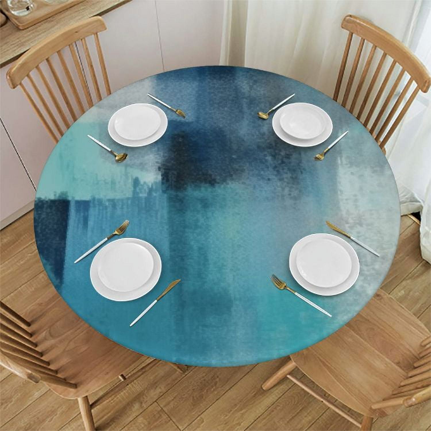 PIKWEEK Round Fitted Tablecloth Blue Teal Grey,Abstract Art Print Table ...