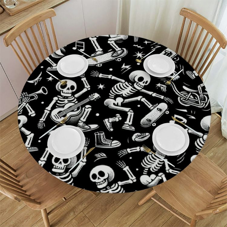 PIKWEEK Round Fitted Tablecloth Funny Skull Skeleton Round Table Cloth ...