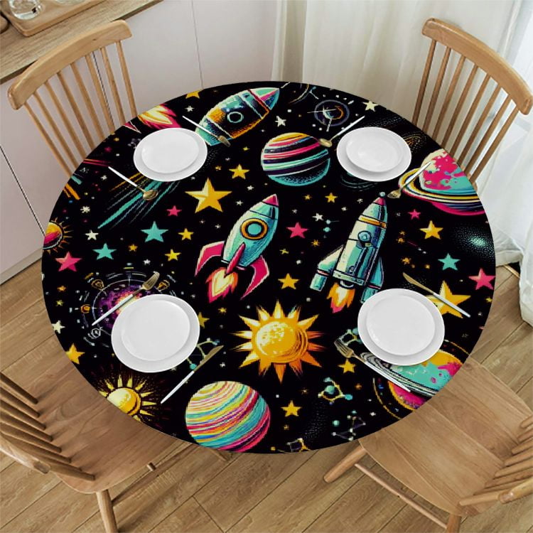 PIKWEEK Round Fitted Tablecloth Rocket Airship Round Table Cloth with ...