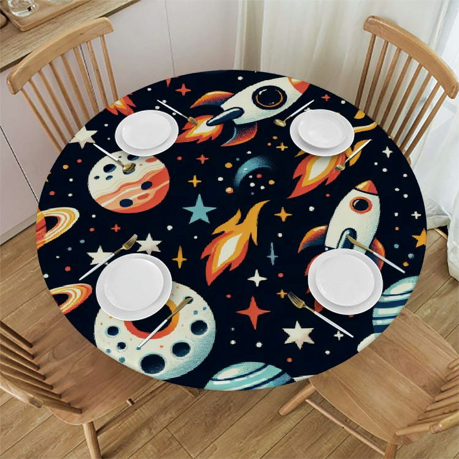 PIKWEEK Round Fitted Tablecloth Rocket Airship Round Table Cloth with Elastic Edged Earth ...