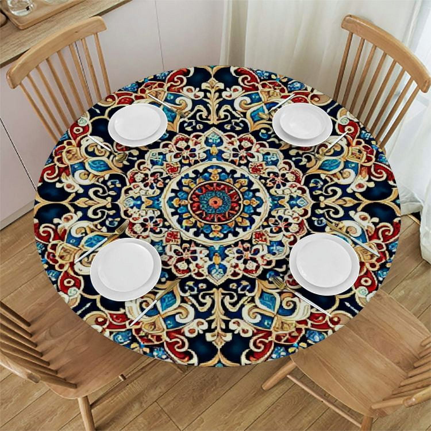 Wuche Round Fitted Tablecloth Vintage Mandala Round Table Cloth with ...