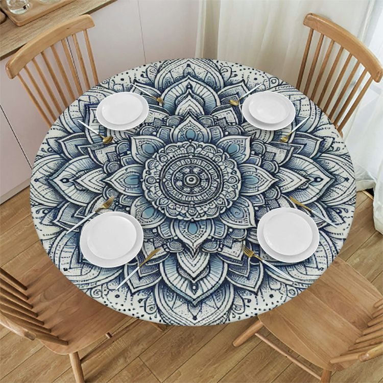 PIKWEEK Round Table Cloth,Tribal Ethnic Floral Mandala Pattern Blue ...