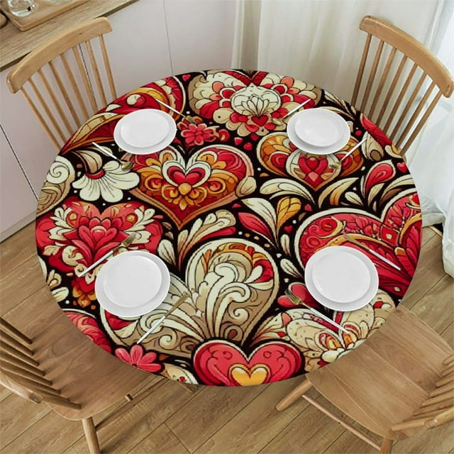 PIKWEEK Round Table Cloth,Valentine's Day Love Hearts Elastic Stretch ...