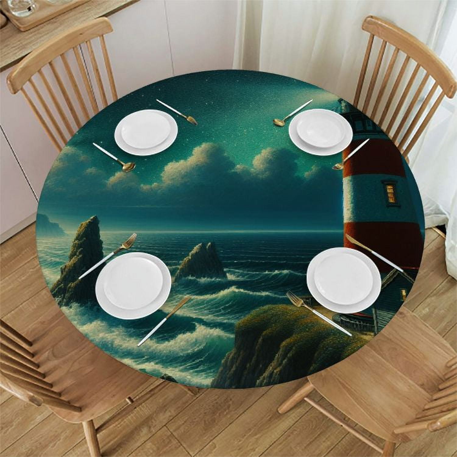 PIKWEEK Round Tablecloth,Lighthouse and Cliffs at Night Indoor ...