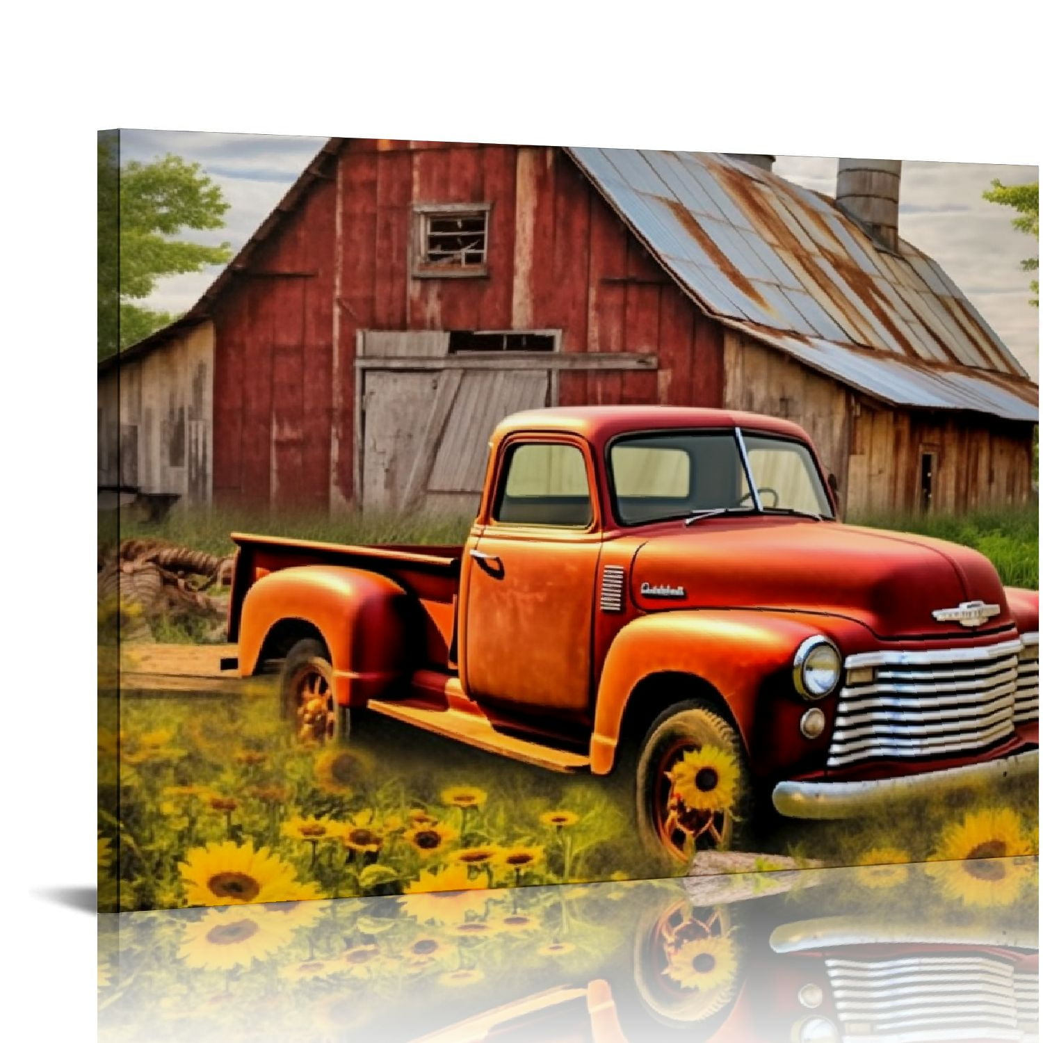PIKWEEK Rustic Farmhouse Canvas Wall Art Old Car and Cattle with Barn ...