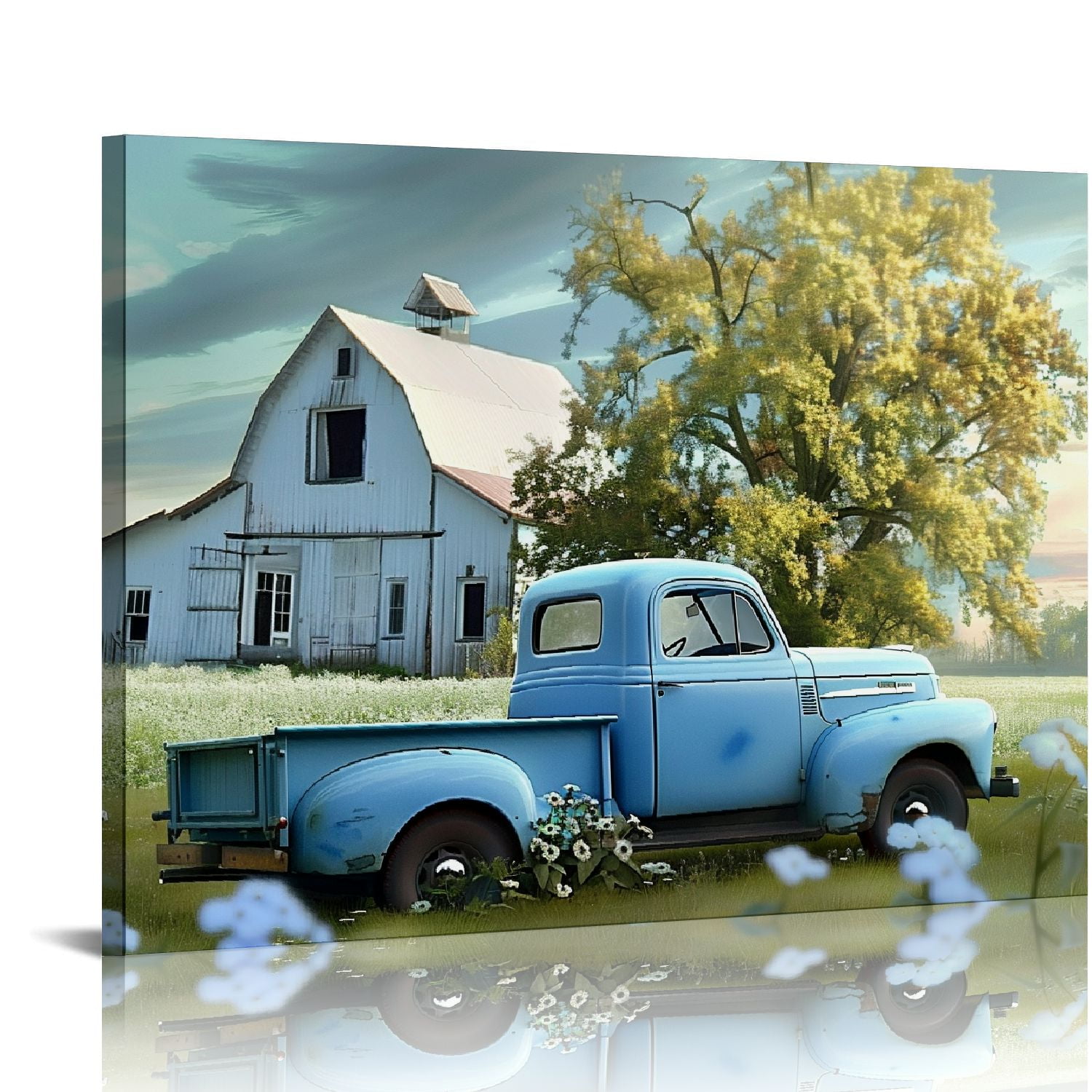 PIKWEEK Rustic Vintage Old Truck Wall Art,Farmhouse Blue Car with White ...