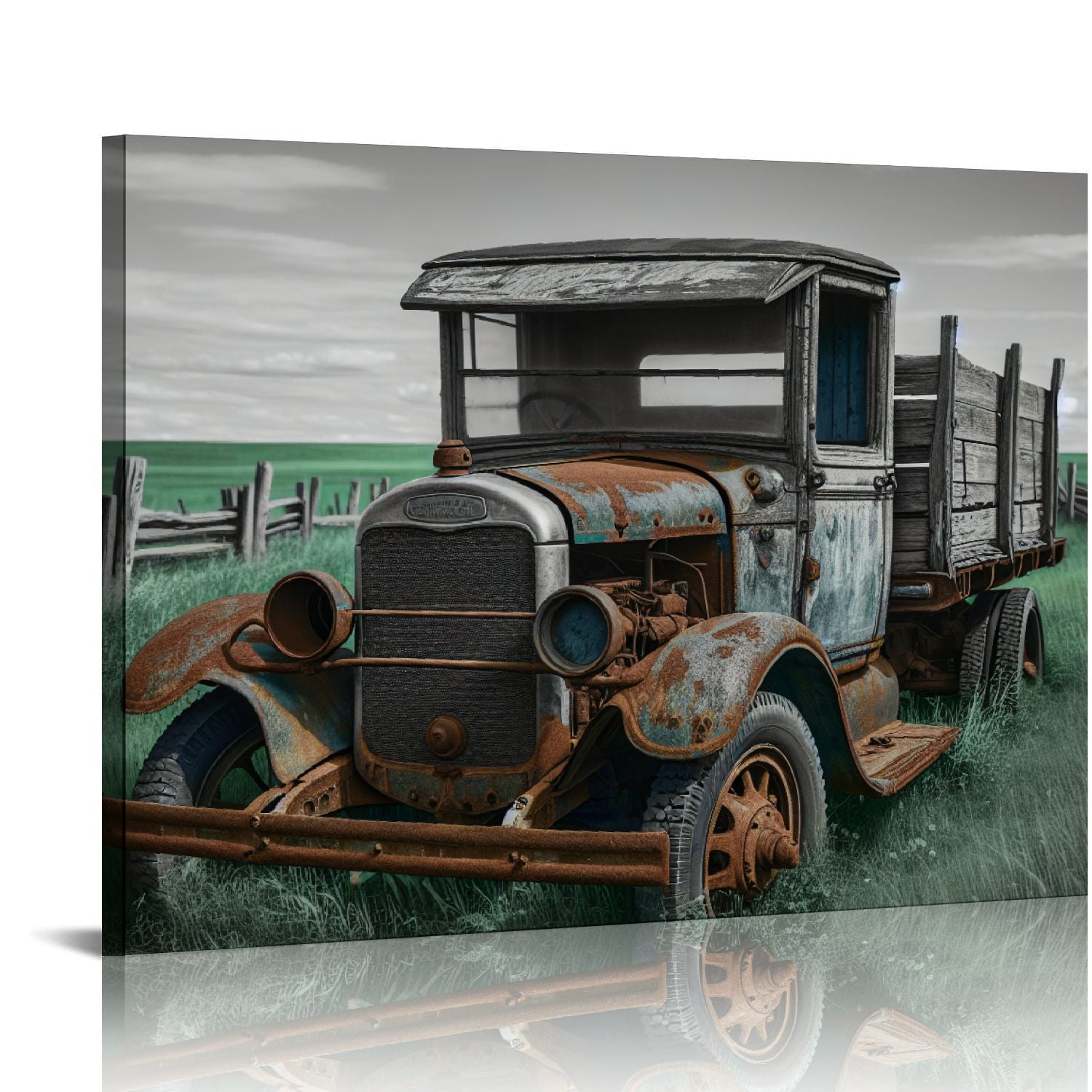 PIKWEEK Rusty Car Canvas Wall Art: Old Blue Truck Artwork Rustic ...
