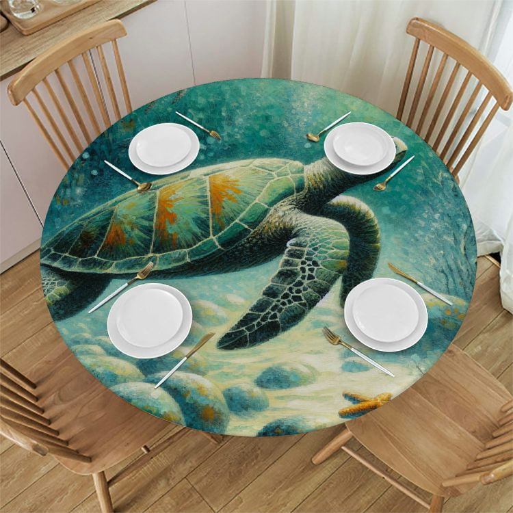 PIKWEEK Sea Turtle Round Tablecloth, Fitted Table Cover with Elastic ...