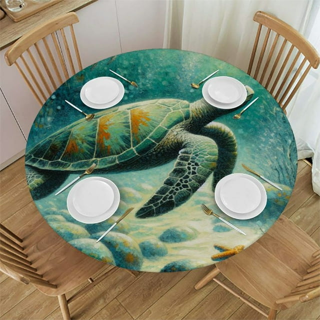 PIKWEEK Sea Turtle Round Tablecloth, Fitted Table Cover with Elastic ...
