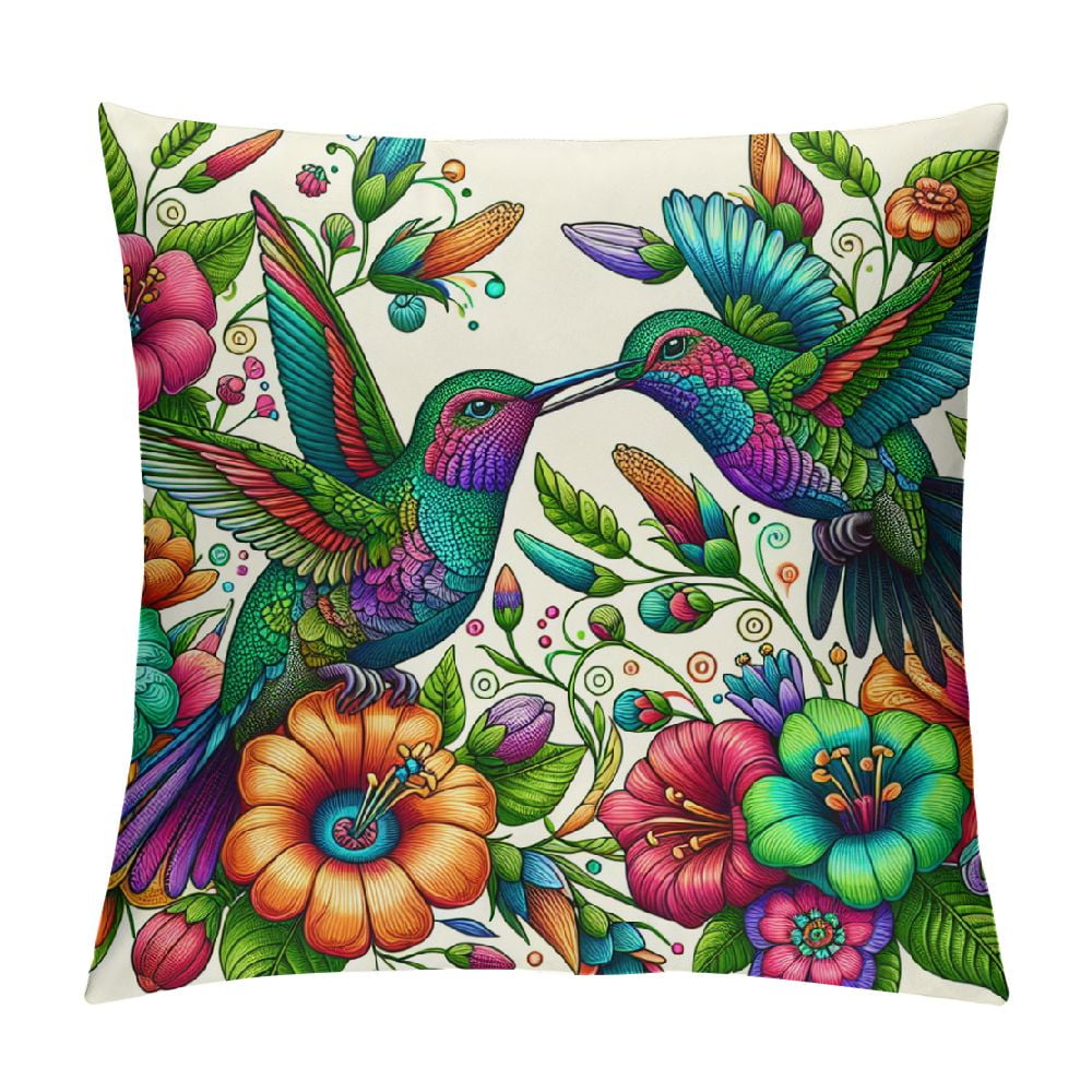 Wuche Spring Floral Birds Throw Pillow Covers 18 x 18 Inch Hummingbird ...