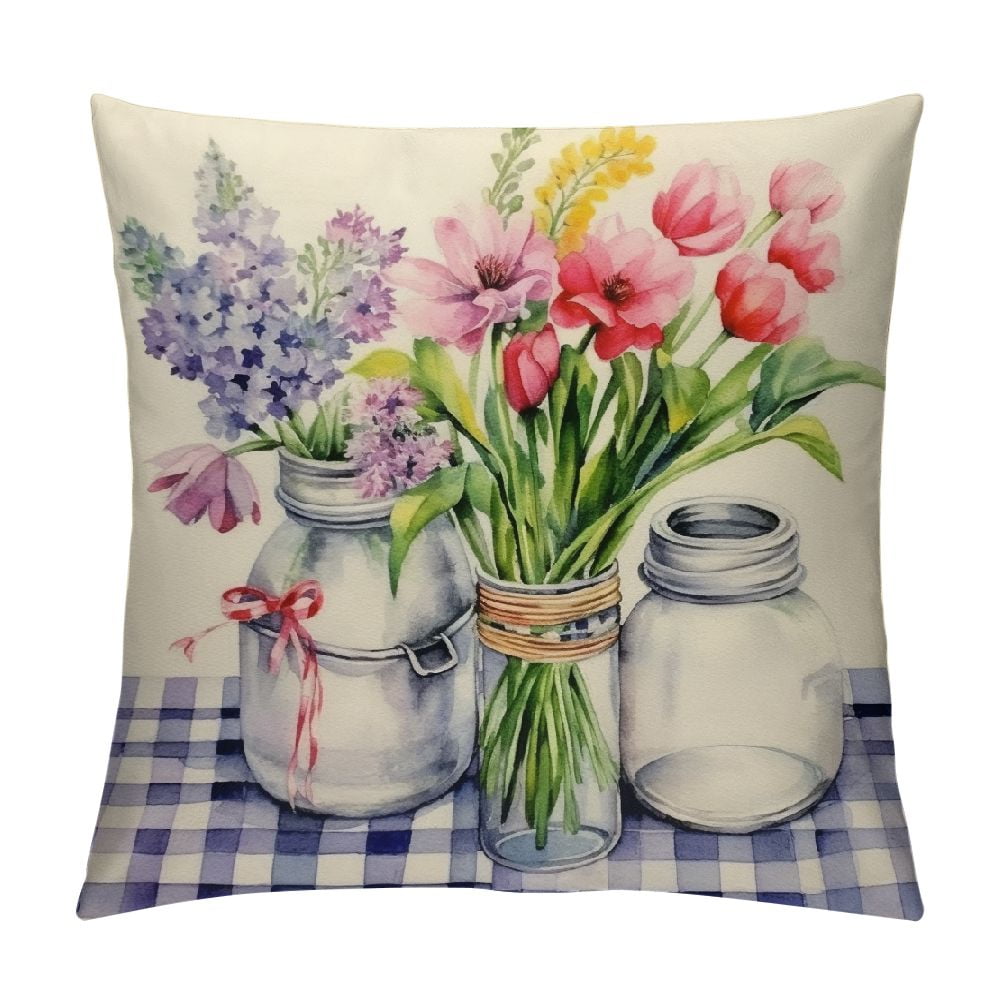 PIKWEEK Spring Pillow Covers Gray Buffalo Plaids Lavender Tulip Floral ...