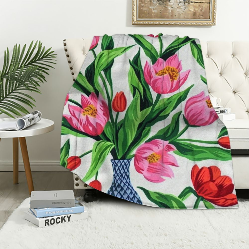 PIKWEEK Spring Tulips Blanket Soft Warm Plush Cute Print Throw Blanket ...