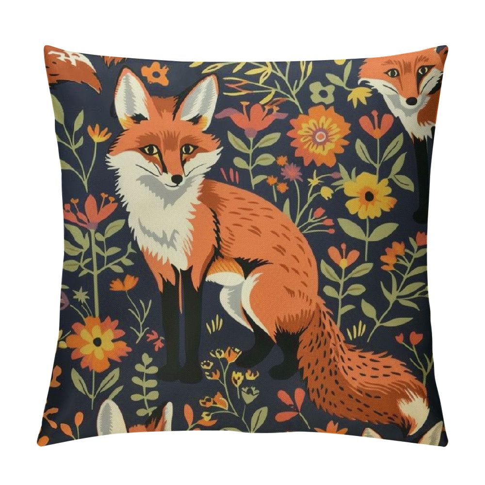 Wuche Square Throw Pillow Covers Forest Floral Flowers Leaves Cute Fox ...