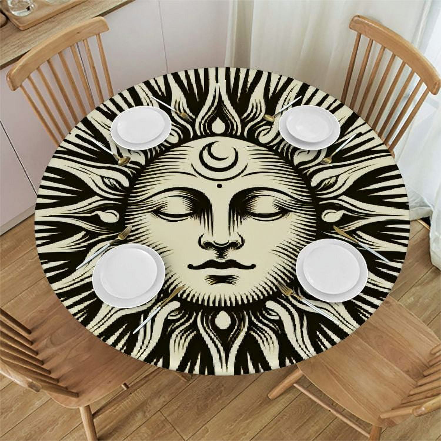 PIKWEEK Sun and Moon Patio Round Fitted Tablecloth, Mandala Hippie ...