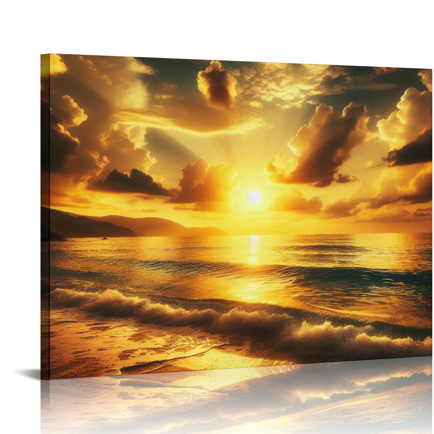 Wuche Sunset Ocean Wall Art - Ocean Waves Canvas Wall Decor Glow Sea ...