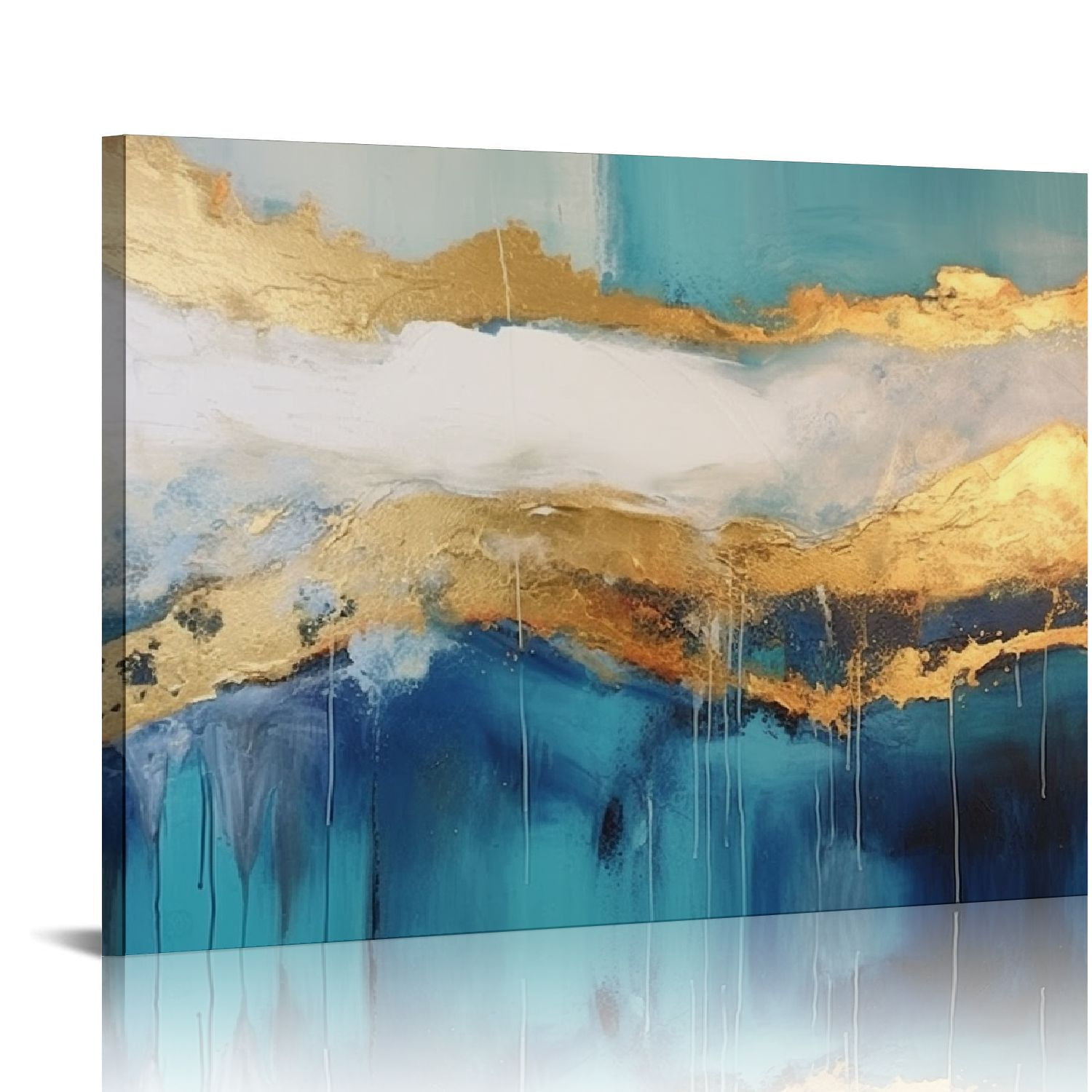 PIKWEEK Teal Abstract Canvas Wall Art Teal and Gold Wall Decor Blue ...