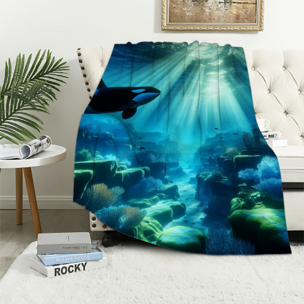 PIKWEEK Teal Ocean Whale Blanket Throw Jellyfish Killer Whale Blanket ...