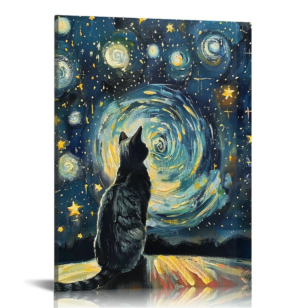 PIKWEEK The Starry Night Cat Canvas Wall Art Famous Black Cat Poster ...