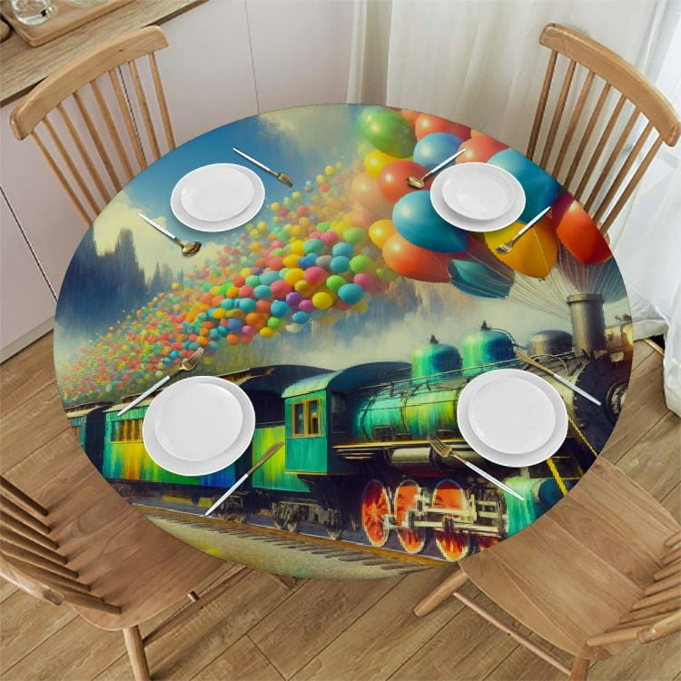 PIKWEEK Train Balloon Round Fitted Tablecloth Fitted Table Cloth for ...
