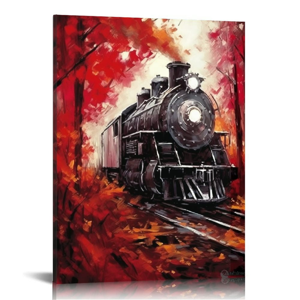 PIKWEEK Train Canvas Wall Art Old Steam Train Paintings Autumn Red ...