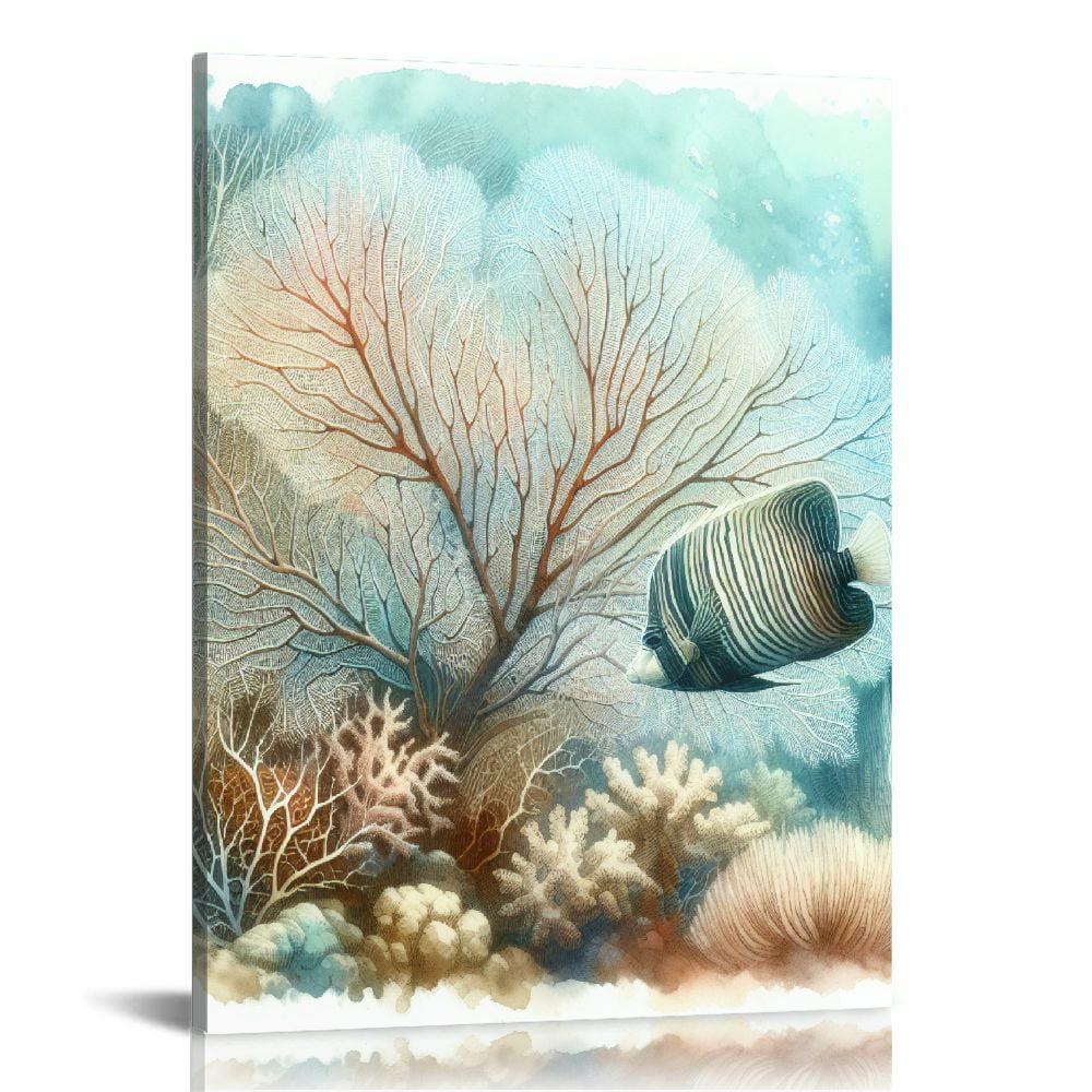 PIKWEEK Two-Piece Coral Canvas Wall Art Print Set, Gold and Aqua ...