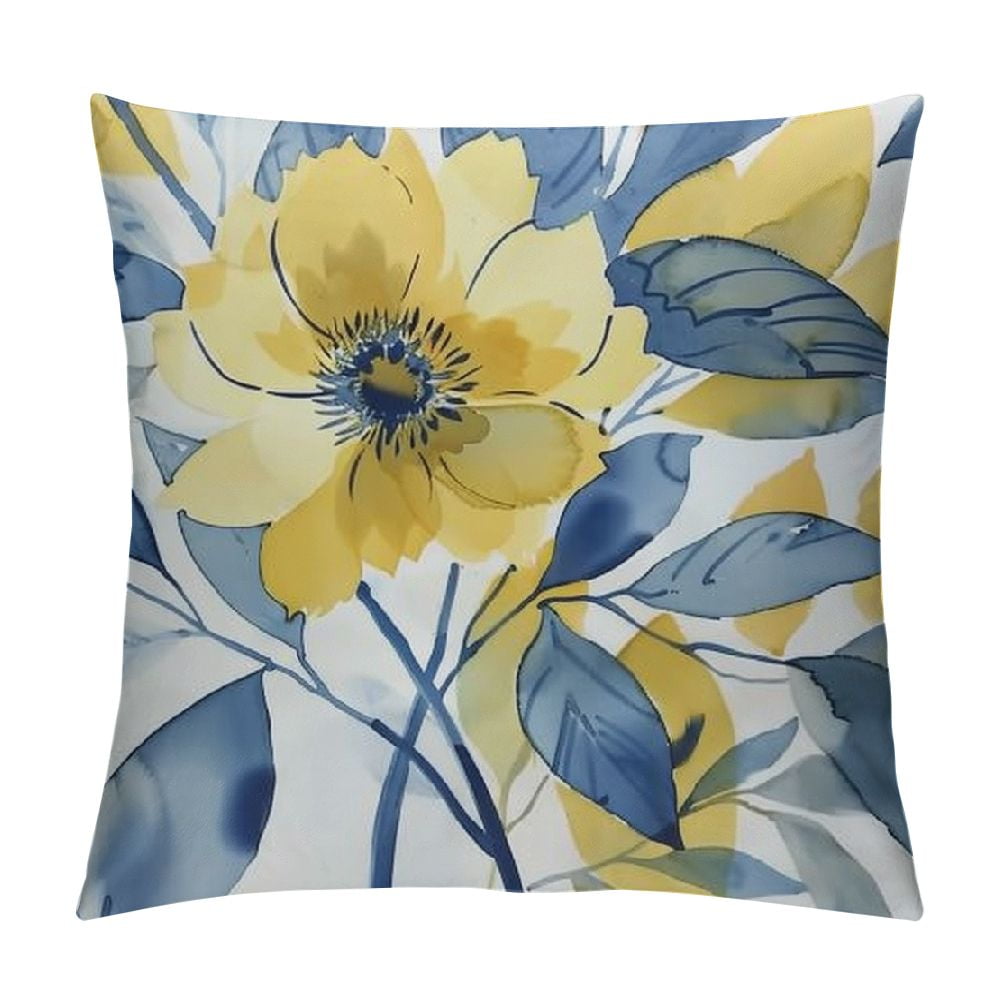Wuche Watercolor Floral Throw Pillow Covers Yellow Blue Flower Decorative Pillow Cases Soft ...
