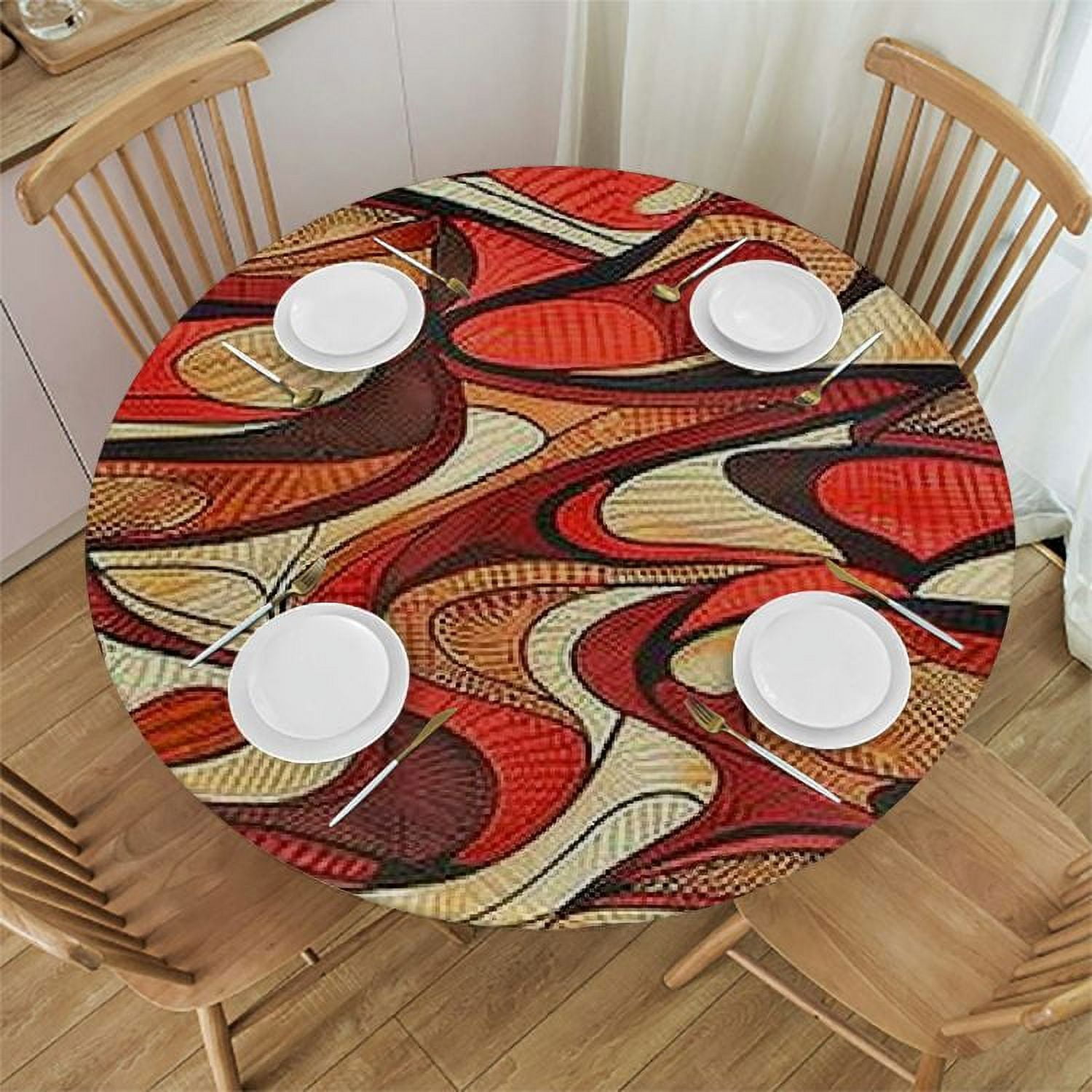 PIKWEEK Waterproof Table Cloth Wrinkle Free Abstract Round Fitted ...