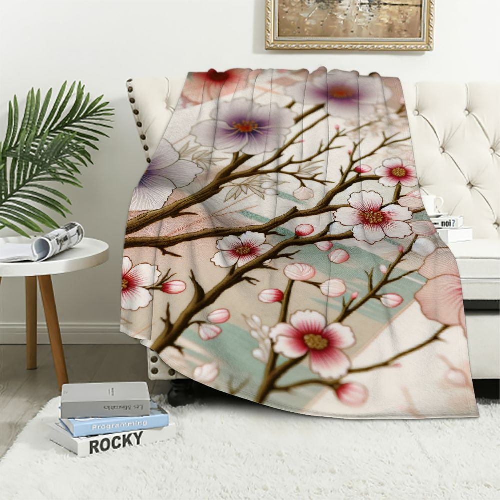 PIKWEEK Women Japanese Cherry Blossom Fuzzy Blanket Sunset Blanket ...