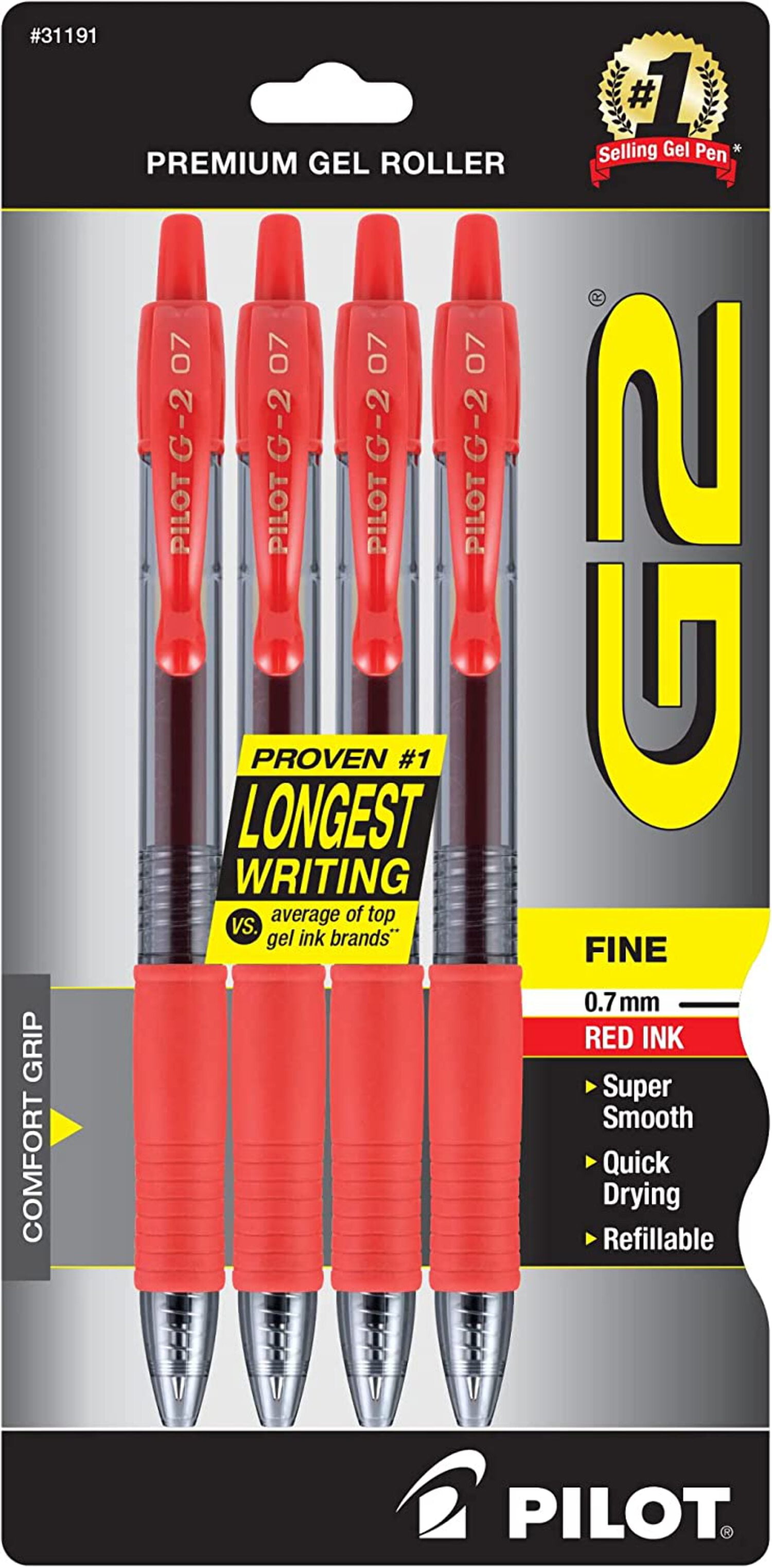 Pilot G2 Refillable Gel Pens, Retractable Fine Point, Red Ink, 4-Pack ...