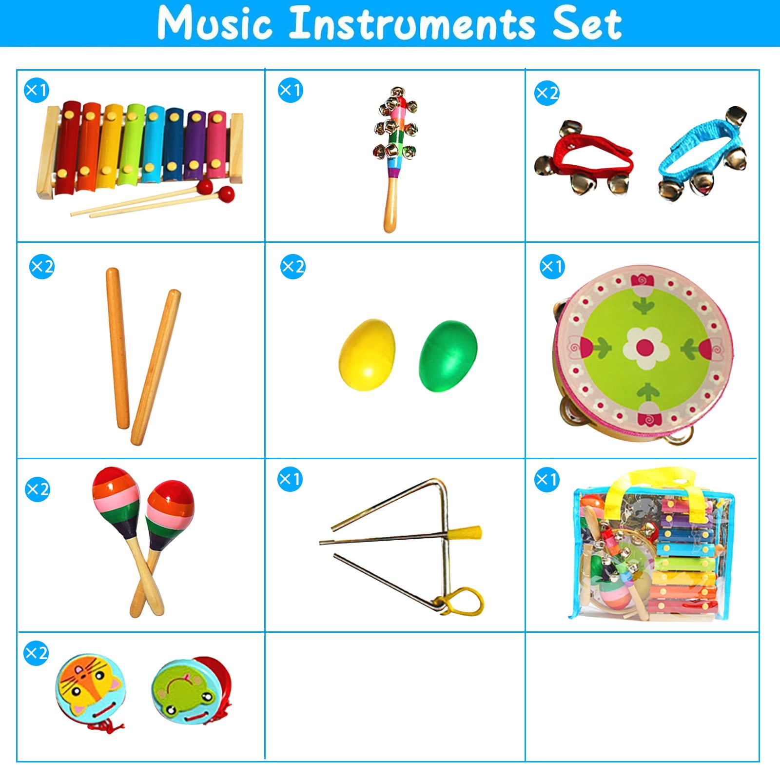 PIMOXV Toddler Musical Instruments Set, 14 PCS Wooden Percussion ...