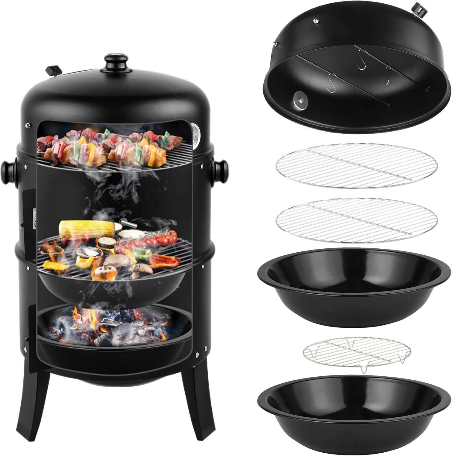PINDEE 16 Inch Charcoal BBQ Smoker Grill,3-in-1 Portable Vertical Grill ...