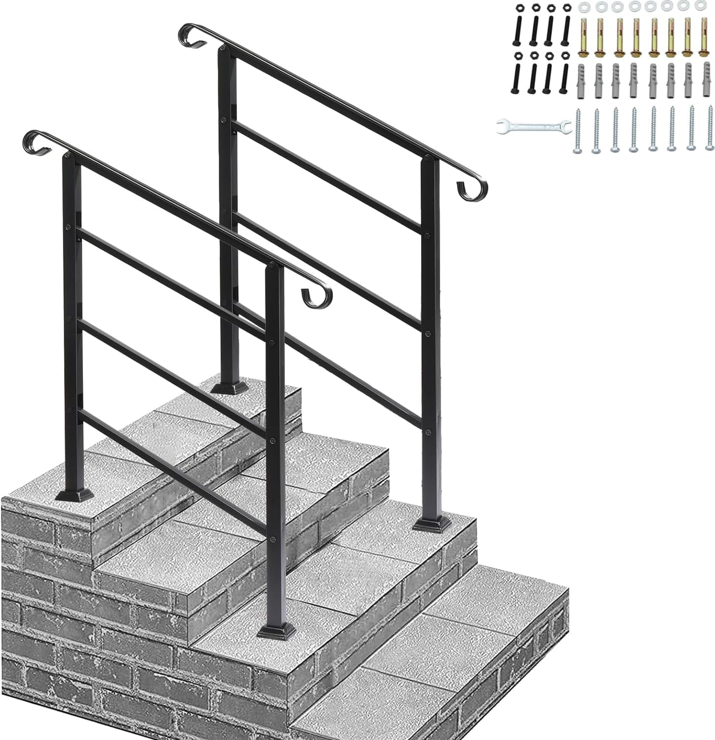 PINDEE 2 Pack Handrails for Outdoor Steps, Fit 1-3 Steps Outdoor Stair ...